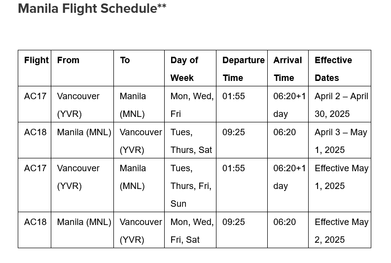 Air Canada Adds Non-Stop Flights Between Vancouver and Manila Starting ...