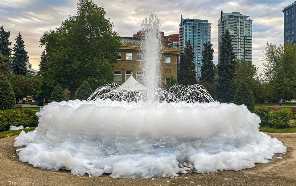 Someone Put Bubble Bath in Calgary’s Central Memorial Park Fountain