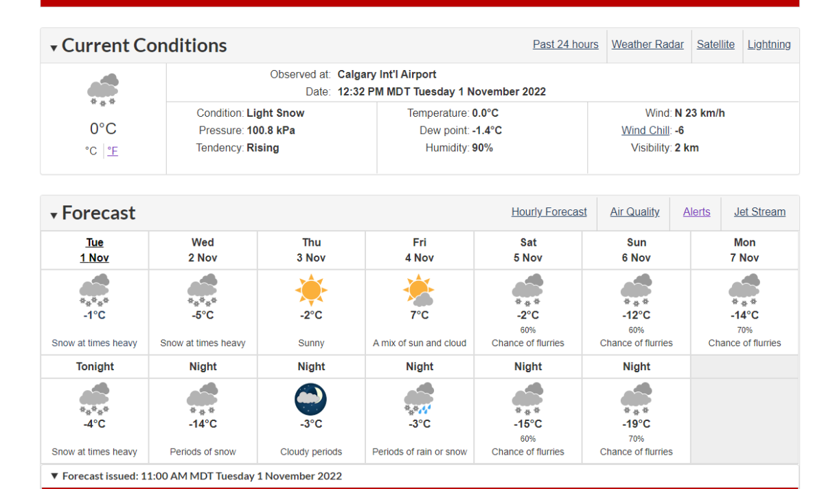 Nov 1: Calgary Area and Southwest Alberta Under Snowfall Warnings